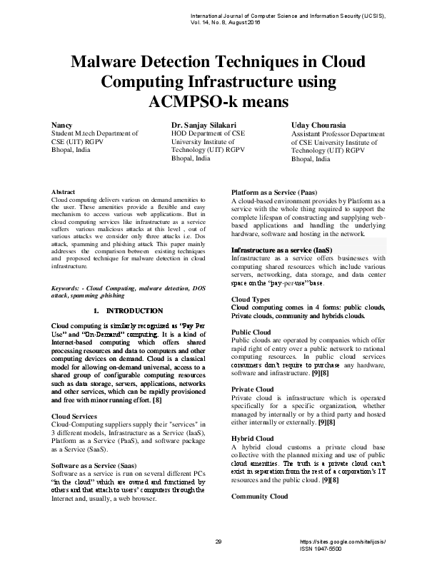 (PDF) Malware Detection Techniques in Cloud Computing Infrastructure using ACMPSO-k means