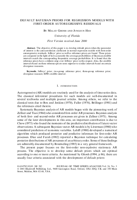(PDF) Default Bayesian Priors for Regression Models with First-Order Autoregressive Residuals ...