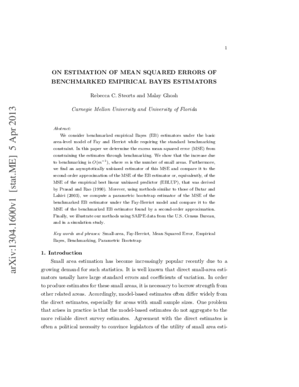Pdf On Estimation Of Mean Squared Errors Of Benchmarked Empirical Bayes Estimators