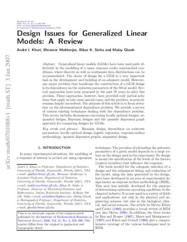 (PDF) Design Issues for Generalized Linear Models: A Review