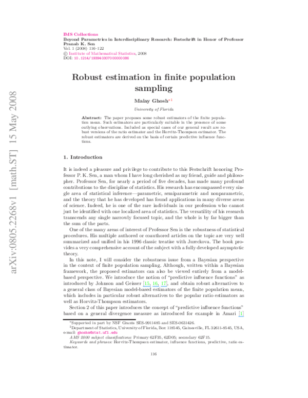 Pdf Robust Estimation In Finite Population Sampling