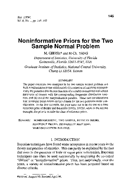 (PDF) Noninformative priors for the two sample normal problem