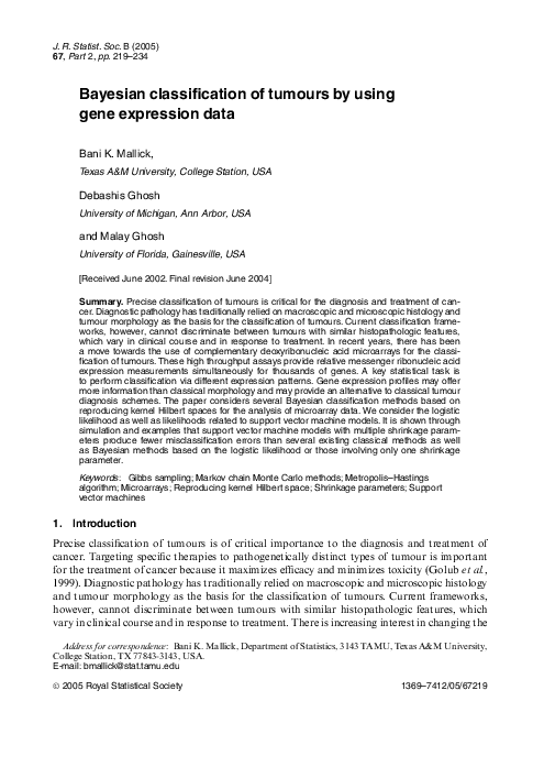 (PDF) Bayesian classification of tumours by using gene expression data | Malay Ghosh - Academia.edu
