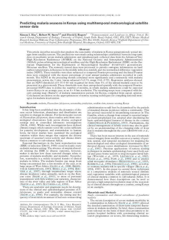 Pdf Predicting Malaria Seasons In Kenya Using Multitemporal Meteorological Satellite Sensor Data