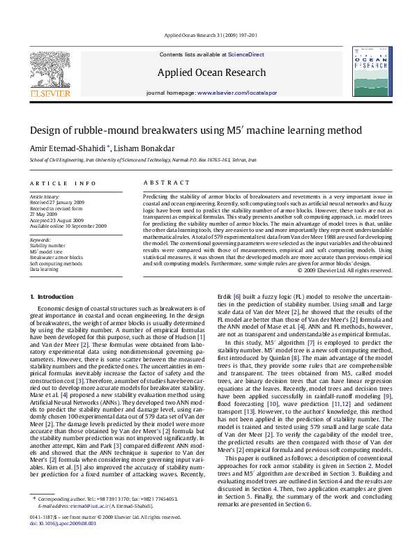(PDF) Design of rubble-mound breakwaters using M5 ′ machine learning method
