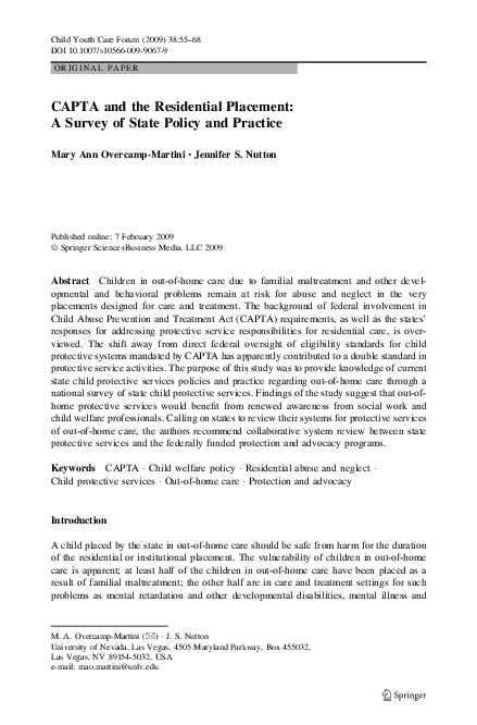 (PDF) CAPTA and the Residential Placement: A Survey of State Policy and ...