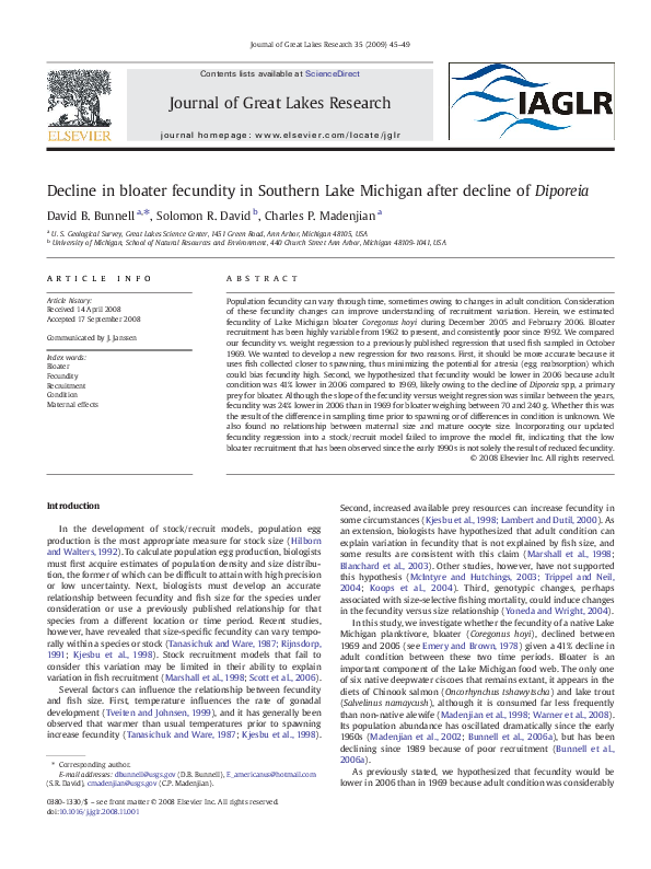 (PDF) Decline in bloater fecundity in Southern Lake Michigan after ...