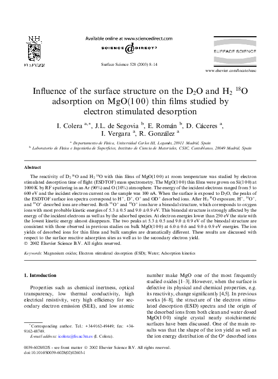 (PDF) Influence of the surface structure on the D 2O and H 2 18O adsorption on MgO (1 0 0) thin ...