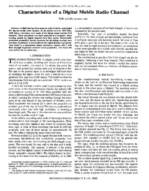 (PDF) Characteristics of a digital mobile radio channel