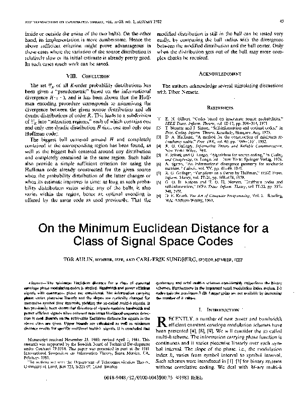 Pdf On The Minimum Euclidean Distance For A Class Of Signal Space Codes Tor Aulin