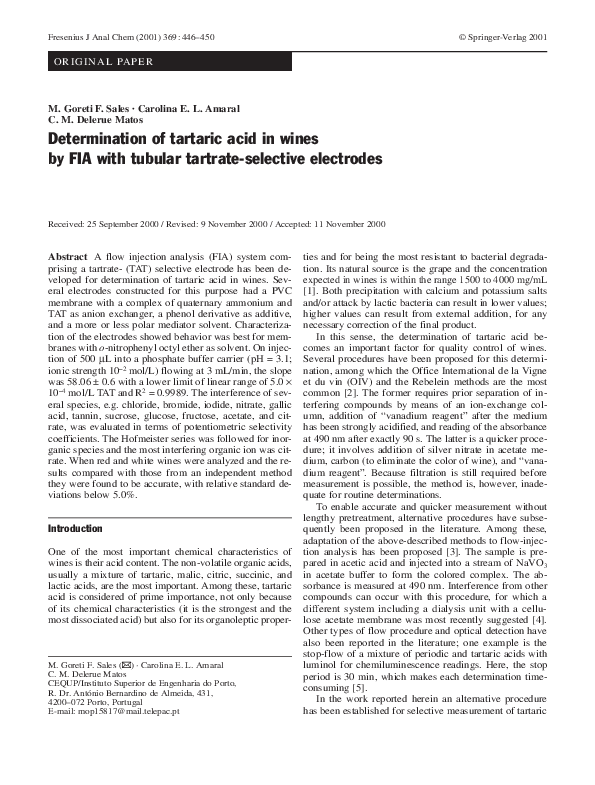 Pdf Determination Of Tartaric Acid In Wines By Fia With Tubular Tartrate Selective Electrodes