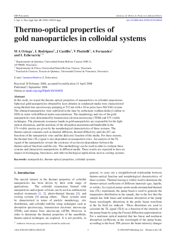 (PDF) Thermo-optical properties of gold nanoparticles in colloidal systems