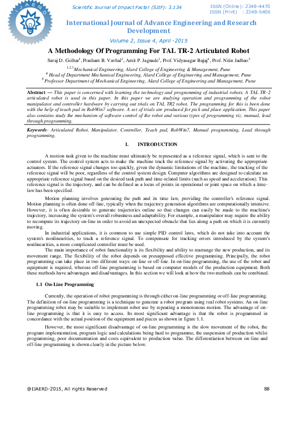 (PDF) A Methodology Of Programming For TAL TR-2 Articulated Robot