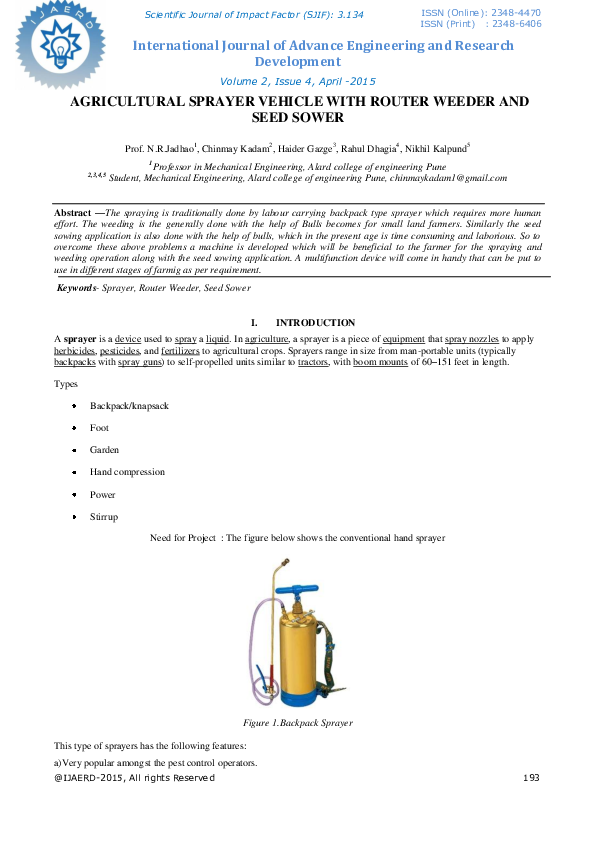 (PDF) AGRICULTURAL SPRAYER VEHICLE WITH ROUTER WEEDER AND SEED SOWER