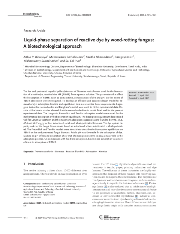 (PDF) Liquid-phase separation of reactive dye by wood-rotting fungus: A ...
