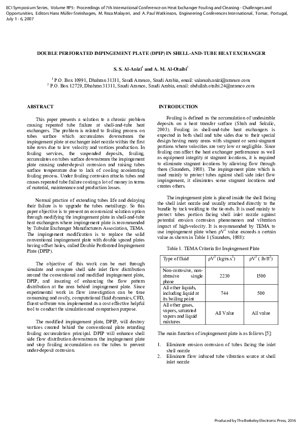 (PDF) DOUBLE PERFORATED IMPINGEMENT PLATE (DPIP) IN SHELL-AND-TUBE HEAT ...