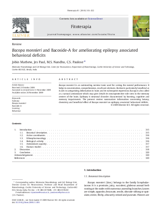 (PDF) Bacopa monnieri and Bacoside-A for ameliorating epilepsy associated behavioral deficits