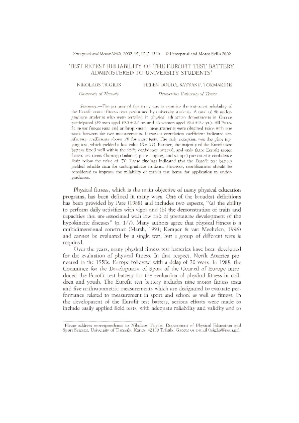 (PDF) TEST-RETEST RELIABILITY OF THE EUROFIT TEST BATTERY ADMINISTERED ...