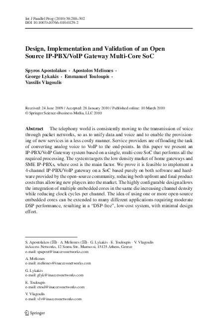 (PDF) Design, Implementation and Validation of an Open Source IP-PBX/VoIP Gateway Multi-Core SoC