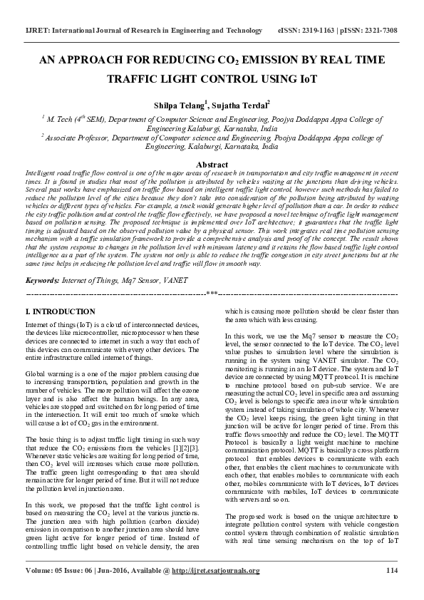 (PDF) AN APPROACH FOR REDUCING CO 2 EMISSION BY REAL TIME TRAFFIC LIGHT CONTROL USING IoT