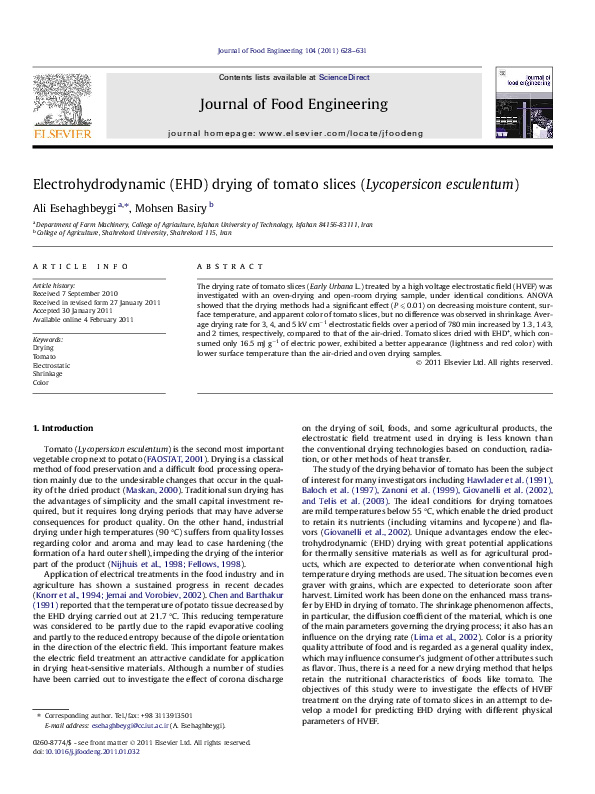 (PDF) Electrohydrodynamic (EHD) drying of tomato slices (Lycopersicon ...