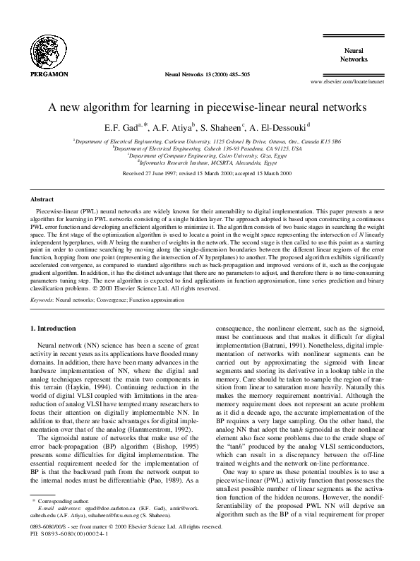 Pdf A New Algorithm For Learning In Piecewise Linear Neural Networks Ayman El Dessouki