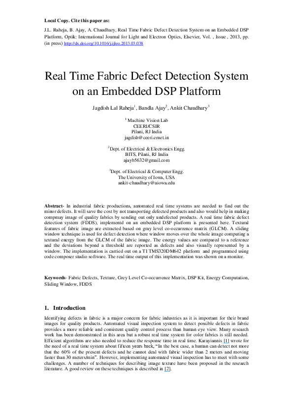 Pdf Real Time Fabric Defect Detection System On An Embedded Dsp Platform