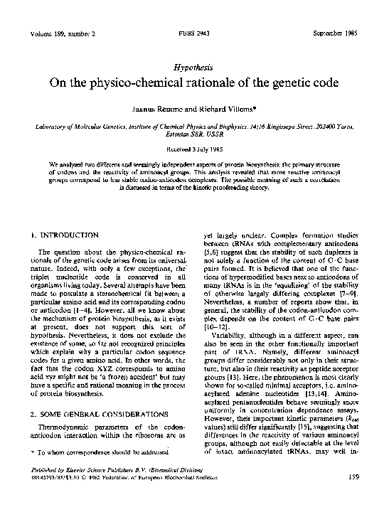 (PDF) On the physico-chemical rationale of the genetic code