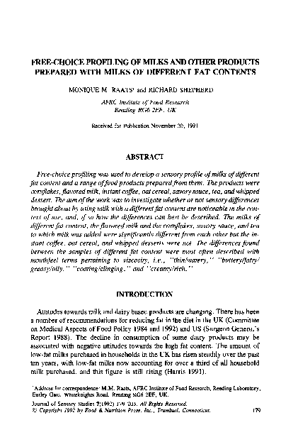 (PDF) FREE-CHOICE PROFILING OF MILKS AND OTHER PRODUCTS PREPARED WITH ...