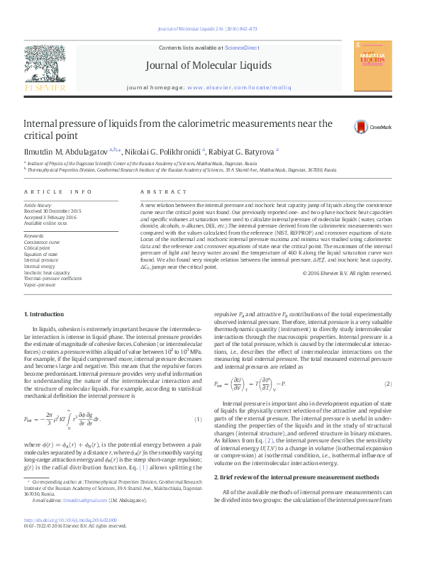 (PDF) Internal pressure of liquids from the calorimetric measurements ...