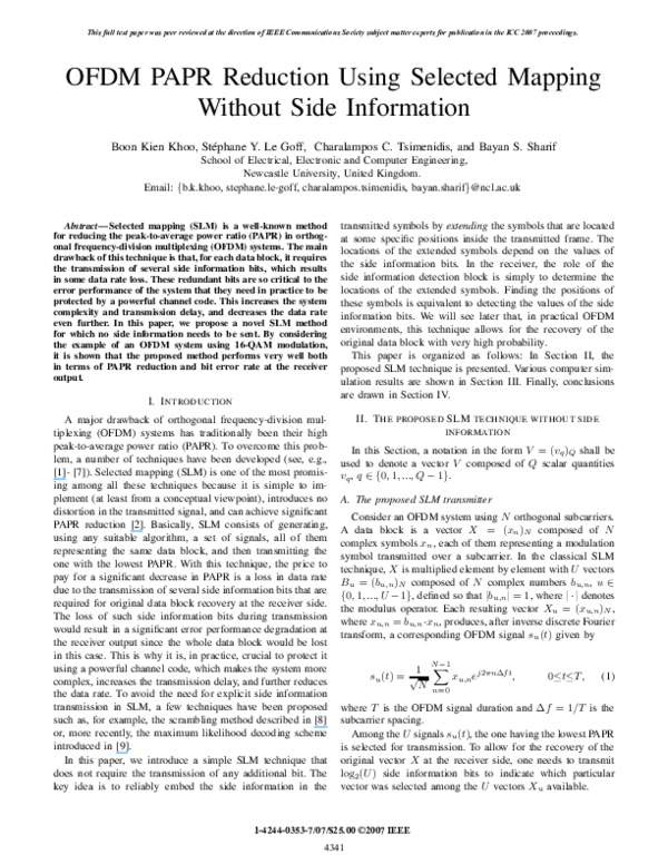 Pdf Ofdm Papr Reduction Using Selected Mapping Without Side Information