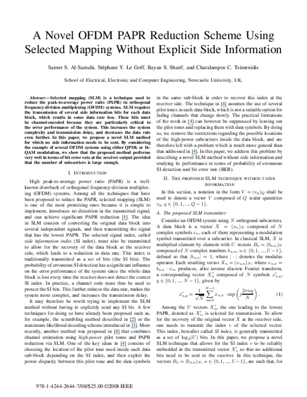 Pdf A Novel Ofdm Papr Reduction Scheme Using Selected Mapping Without Explicit Side 0500