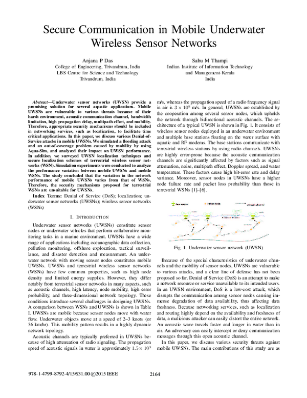 Pdf Secure Communication In Mobile Underwater Wireless Sensor Networks