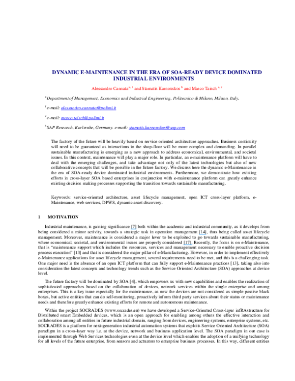 (PDF) Dynamic e-maintenance in the era of SOA-ready device dominatedindustrial environments