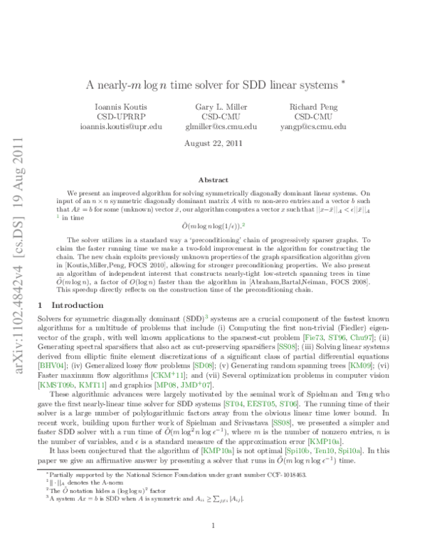 Pdf Solving Sdd Linear Systems In Time Tilde O Mlog N Log1epsilon