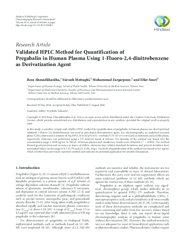 Pdf Validated Hplc Method For Quantification Of Pregabalin In Human Plasma Using 1 Fluoro 24