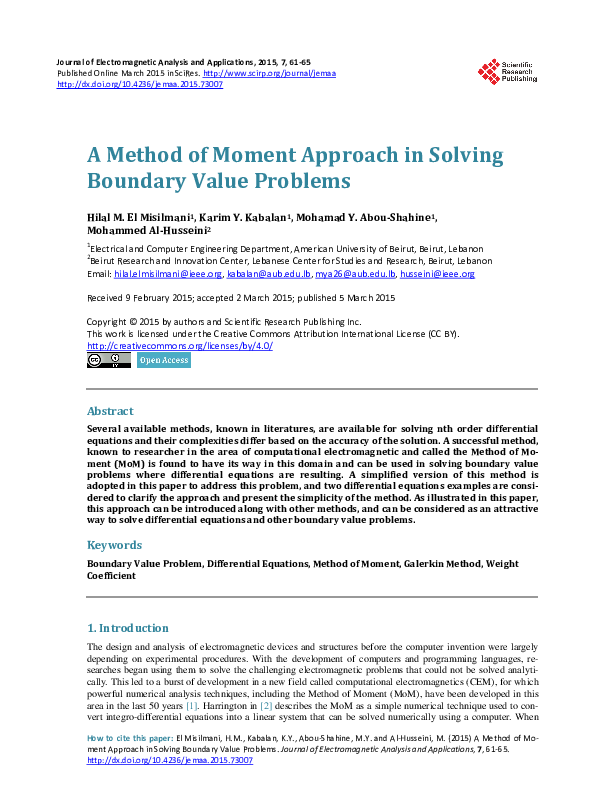 (PDF) A Method of Moment Approach in Solving Boundary Value Problems