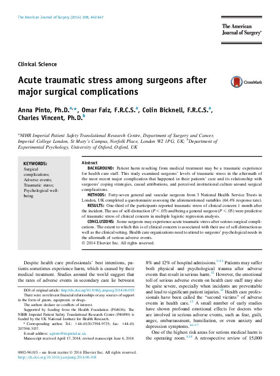(PDF) Acute traumatic stress among surgeons after major surgical ...