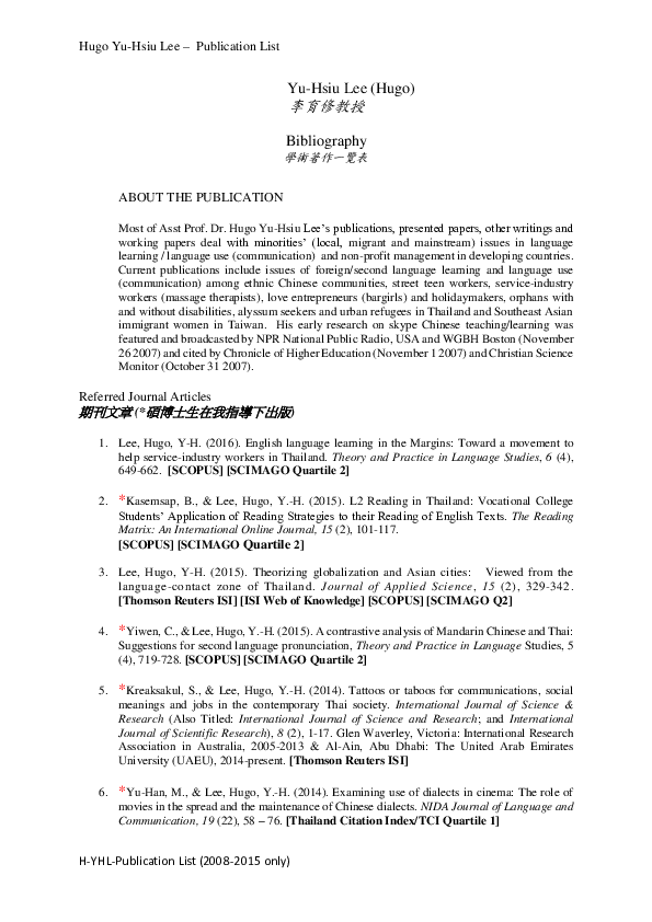 (PDF) Hugo Lee Y-H. Publication List