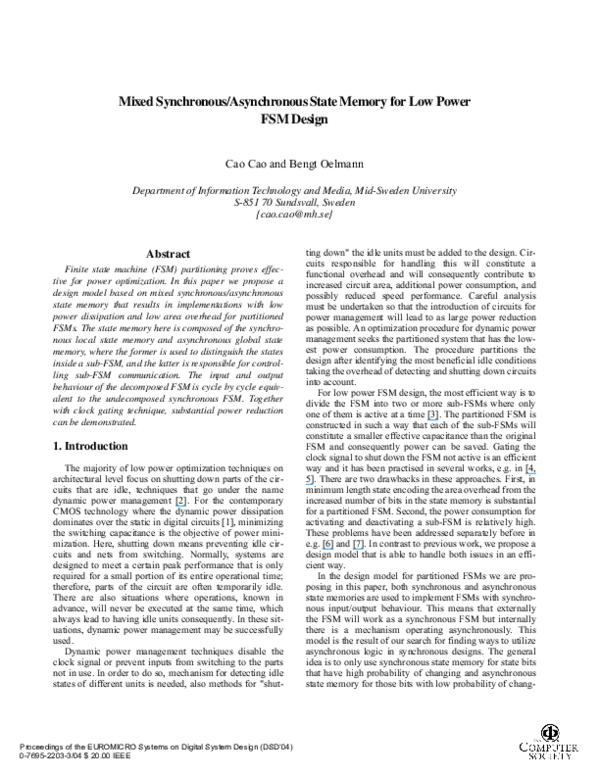 Pdf Mixed Synchronous Asynchronous State Memory For Low Power Fsm Design