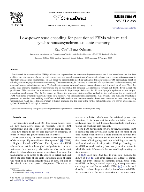 Pdf Low Power State Encoding For Partitioned Fsms With Mixed Synchronousasynchronous State Memory
