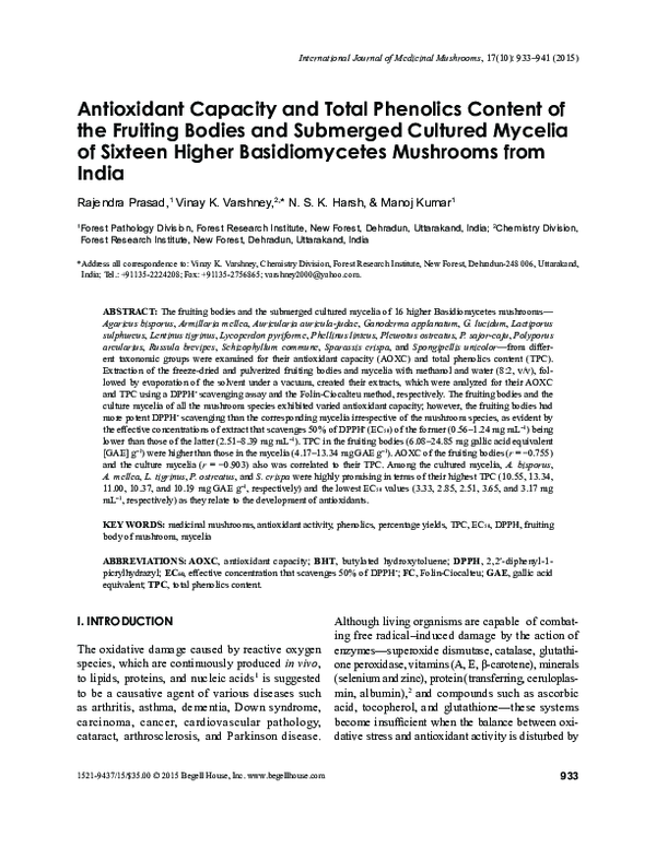 (PDF) Antioxidant Capacity and Total Phenolics Content of the Fruiting Bodies and Submerged ...