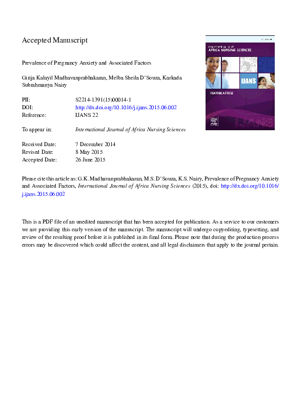 (PDF) Prevalence of pregnancy anxiety and associated factors (PDF) Prevalence of pregnancy anxiety and associated factors