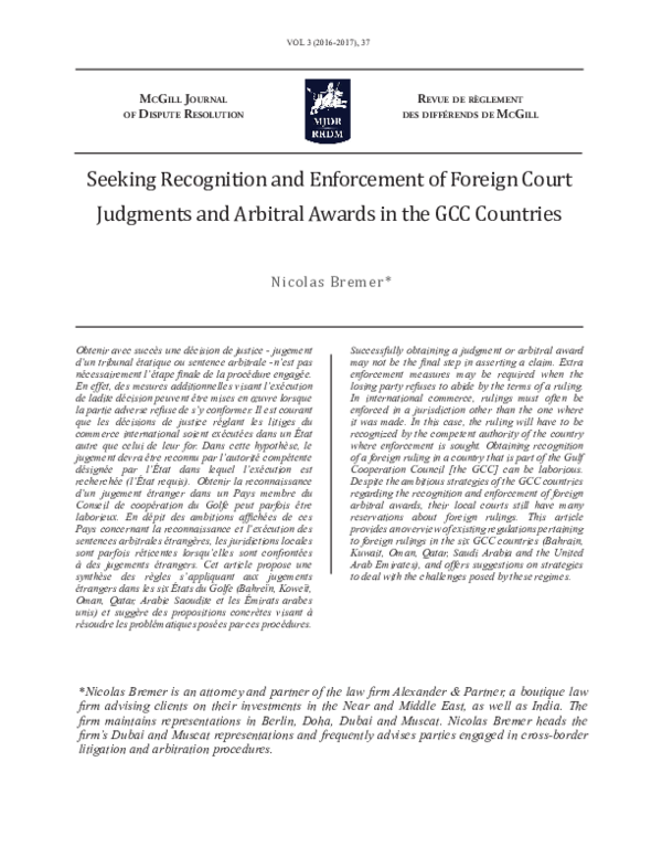(PDF) Seeking Recognition and Enforcement of Foreign Court Judgments and Arbitral Awards in the ...