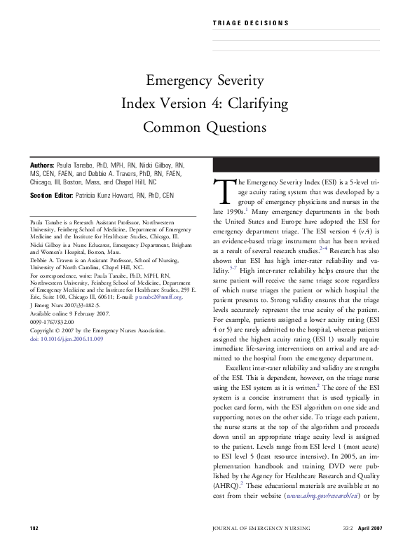 (PDF) Emergency Severity Index Version 4: Clarifying Common Questions