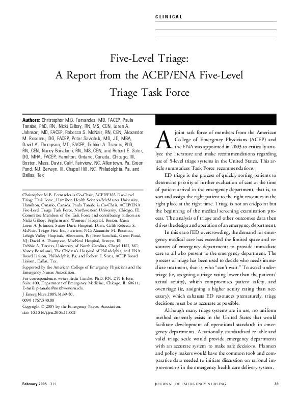 (PDF) Five-Level Triage: A Report from the ACEP/ENA Five-Level Triage ...