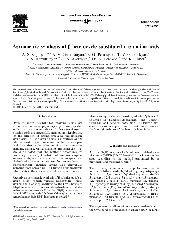 (PDF) Asymmetric synthesis of β-heterocycle substituted l-α-amino acids