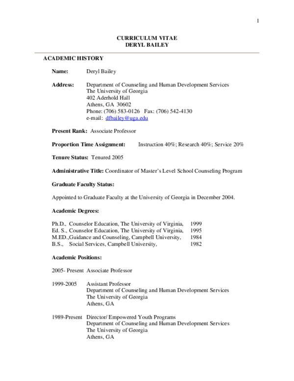 (PDF) Curriculum Vitae Deryl Bailey Academic History