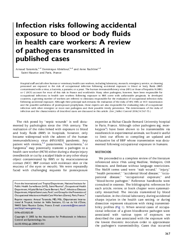 (PDF) Infection risks following accidental exposure to blood or body ...