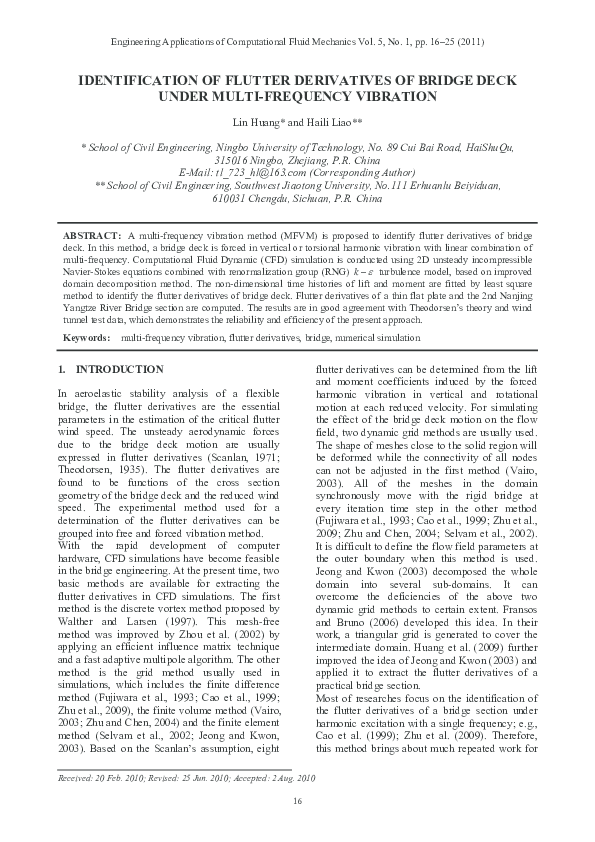 (PDF) Identification of Flutter Derivatives of Bridge Deck under Multi-Frequency Vibration